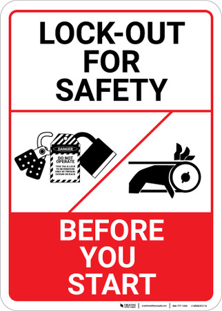Lock Out For Safety Before You Start with Icons Portrait - Wall Sign
