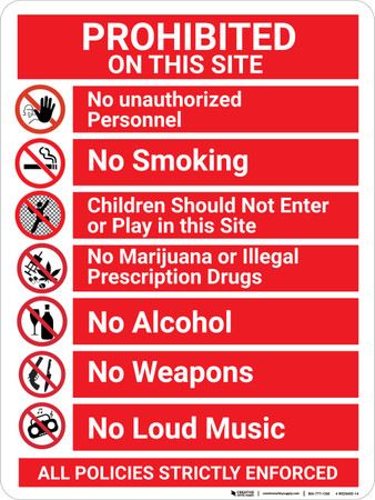 Prohibited On Site All Policies Strictly Enforced with Icons Portrait ...