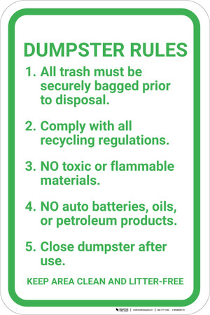 Dumpster Rules Guidelines Portrait - Wall Sign | Creative Safety Supply