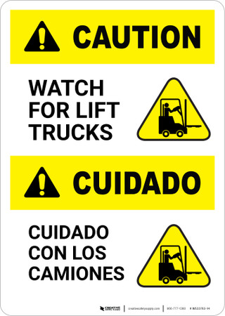 Caution: Lift Trucks Bilingual (Spanish) - Portrait Wall Sign ...