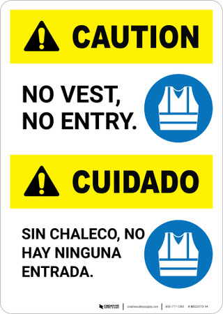 Caution: No Entry Without Vest ANSI - Portrait Wall Sign