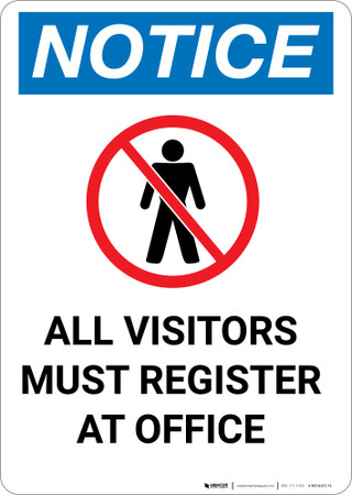Notice: All Visitors Must Register At Office With Icon - Portrait Wall Sign