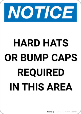 Notice: Hard Hats or Bump Caps Required in This Area - Portrait Wall Sign