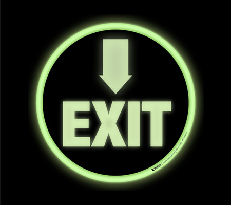 Glow: Exit Arrow Down (Black Circle) - Floor Sign | Creative Safety Supply