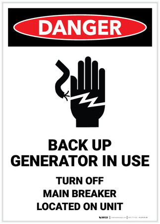 Danger: Back Up Generator In Use Turn Off Main Breaker Portrait - Label
