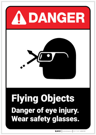 Danger: Flying Objects Wear Safety Glasses Portrait ANSI - Label