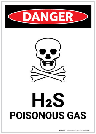 Danger: H2S Poisonous Gas (Hydrogen Sulfide) with Icon Portrait - Label