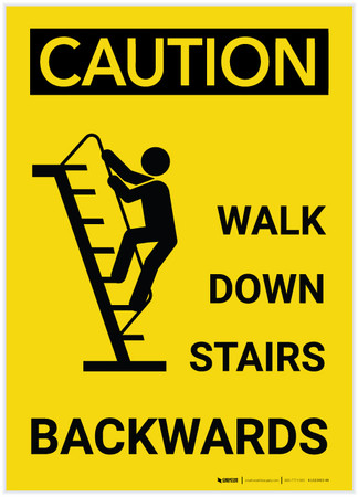 Caution: Walk Down Stairs Backward Vertical with Graphic - Label