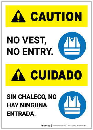 Caution: No Entry Without Vest ANSI Bilingual Spanish Portrait - Label ...