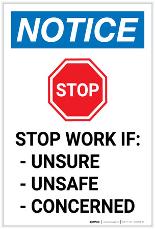 Notice: Stop Work if Unsure/Unsafe/Concerned Portrait - Label