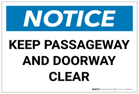 Notice: Keep Passageway Doorway Clear Landscape - Label