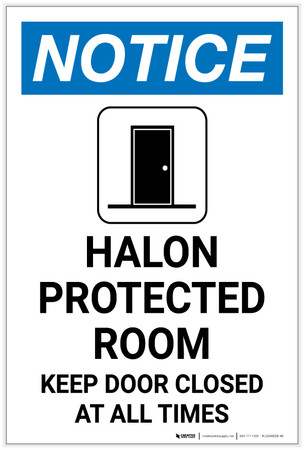 Notice: Halon Protected Room Keep Door Closed with Icon Portrait - Label