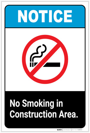 Notice: No Smoking in Construction Area ANSI Portrait - Label ...