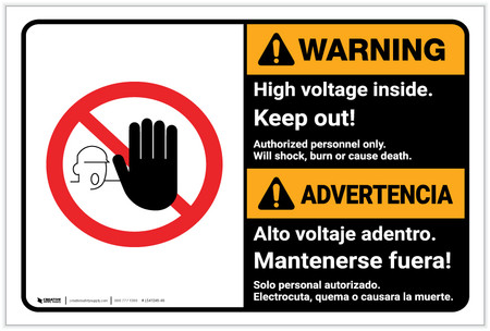 Warning: High Voltage Inside Keep Out Landscape Bilingual Spanish ...