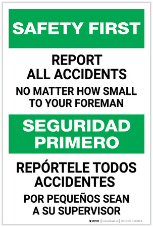 Safety First: Report Accidents to Foreman Bilingual Spanish - Label ...