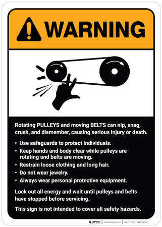 Warning: Pulleys and Belts on Machine Guidelines ANSI - Wall Sign ...