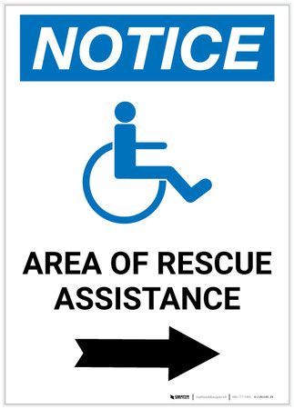 Notice: Area Of Rescue Assistance with ADA Icon Right Arrow Portrait ...