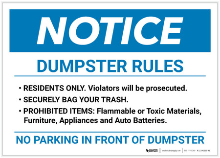 Notice: Dumpster Rules Landscape - Label