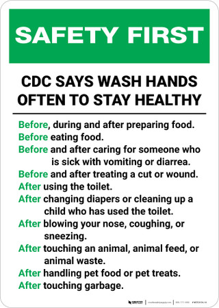 Safety First: CDC Wash Hands Often Portrait - Wall Sign