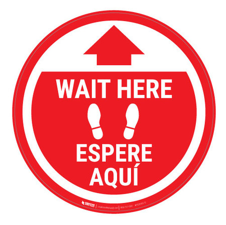 Wait Here - Red Circle - Bilingual Spanish - Floor Sign