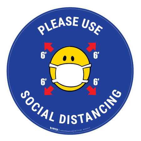 Please Use Social Distancing with Mask Emoji - Blue - Floor Sign