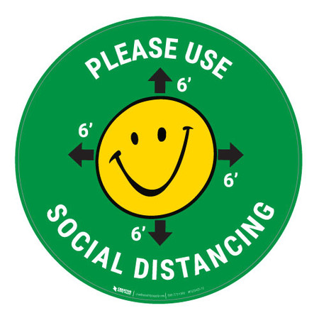 Please Use Social Distancing with Smile Emoji - Green - Floor Sign