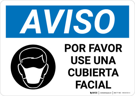 Notice: Please Wear A Face Covering Spanish with Icon Landscape - Wall Sign
