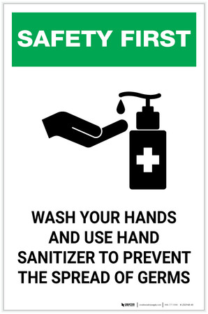 Safety First: Wash Hands & Use Hand Sanitizer Portrait - Label