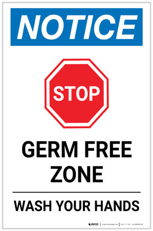 Notice: STOP - Germ Free Zone/Wash Your Hands Portrait - Label