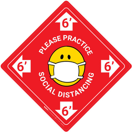 Please Practice Social Distancing with Facemask Emoji - Red - Floor Sign