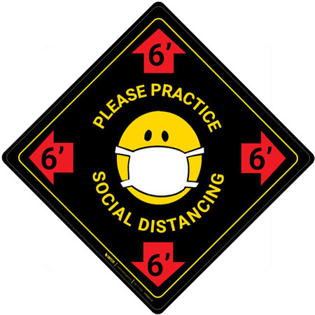 Please Practice Social Distancing with Facemask Emoji - Black - Floor Sign