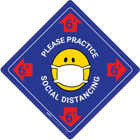 Please Practice Social Distancing with Facemask Emoji - Blue - Floor Sign