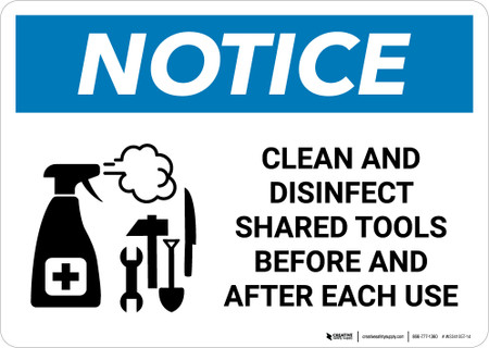 Notice: Clean And Disinfect Shared Tools with Icon Landscape - Wall Sign