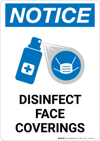 Notice: Disinfect Face Coverings with Icon Portrait - Wall Sign
