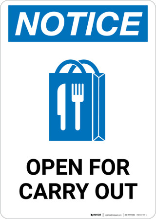 Notice: Open For Carry Out with Icon Portrait - Wall Sign