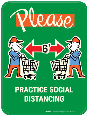 Please Practice Social Distancing with Emoji Shopper - Green - Floor Sign