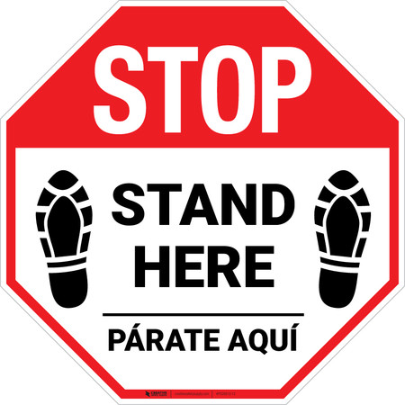 STOP Stand Here Parate Aqui Shoe Prints Bilingual Spanish Stop - Floor Sign