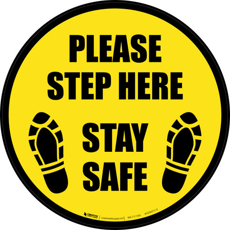 Please Step Here Stay Safe Shoe Prints Black Border Circular - Floor Sign