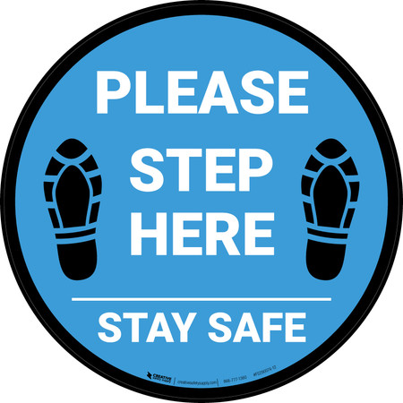 Please Step Here Stay Safe Shoe Prints Blue Circular - Floor Sign