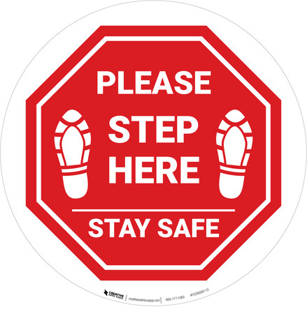 Please Step Here Stay Safe Shoe Prints STOP Circular - Floor Sign