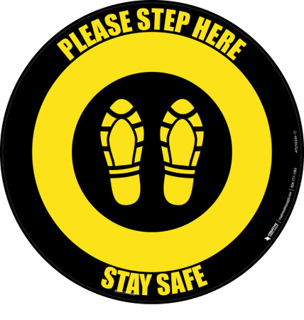Please Step Here Stay Safe Shoe Prints Yellow/Black Circular - Floor Sign