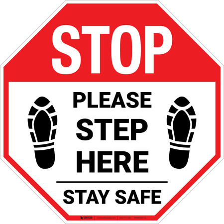 STOP: Please Step Here Stay Safe Shoe Prints Stop - Floor Sign