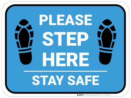 Please Step Here Stay Safe Shoe Prints Blue Rectangle - Floor Sign