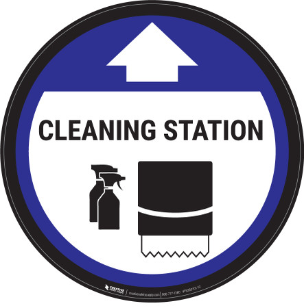 Cleaning Station Arrow With Icon Blue - Circular - Floor Sign