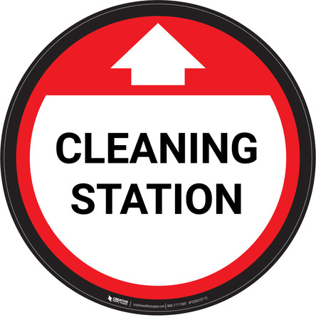 Cleaning Station With Arrow Red - Circular - Floor Sign