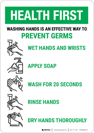 Health First: Prevent Germs How To Wash Hands Portrait - Wall Sign ...
