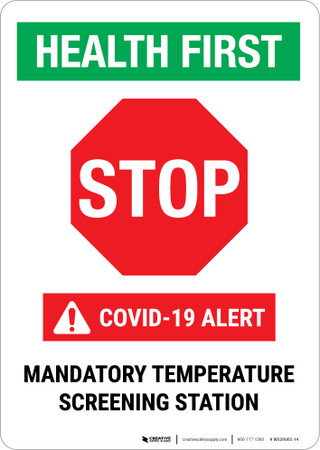 Health First: Stop - Mandatory Temp Screening Portrait - Wall Sign