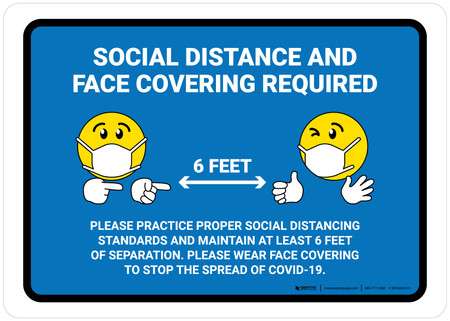 Social Distance and Face Covering Required with Emojis Blue Landscape ...