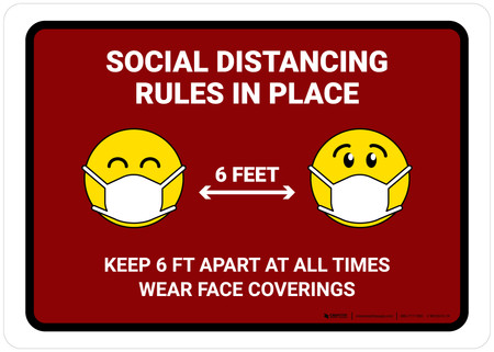 Social Distancing Rules In Place with Emojis Red Landscape - Wall Sign
