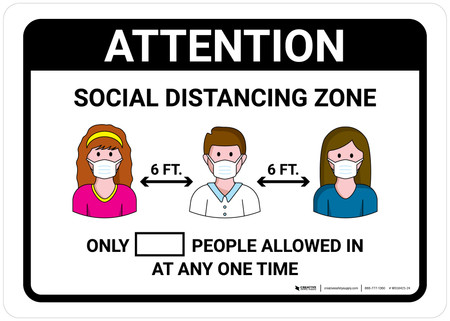 Attention Social Distancing Zone with Icons Landscape - Wall Sign